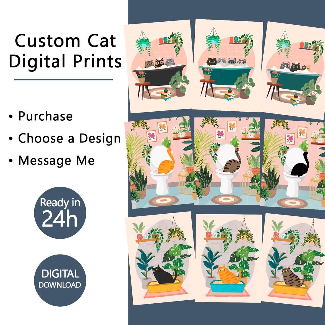 Custom Cat Digital Print, Personalized Wall Art Cat, Cat Portraits ...