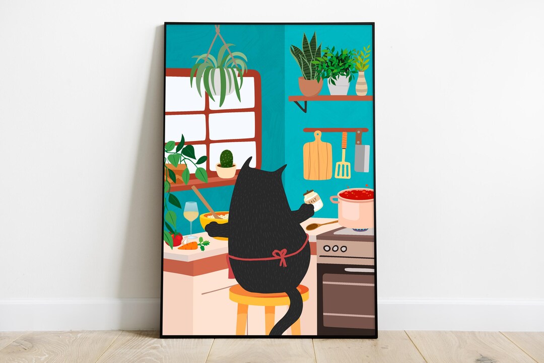 Black Cat Chef Cooking Print, Food Art Poster Digital Print, Printable ...