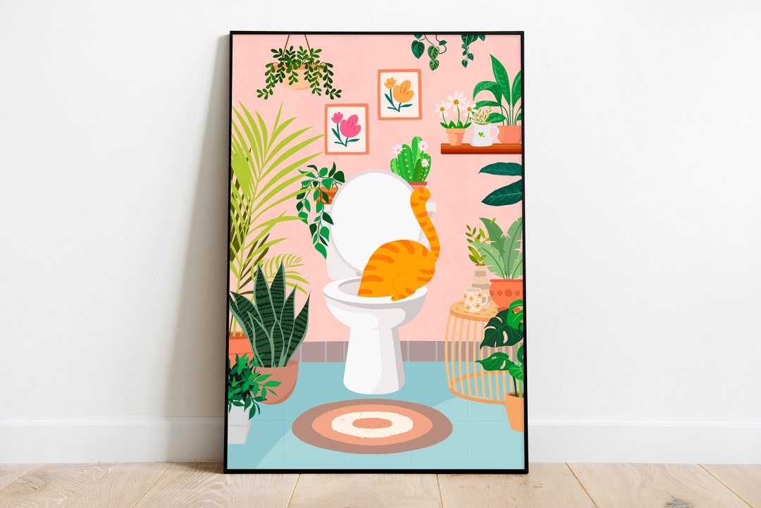 Funny Orange Cat Drinking From Toilet, Printable Bathroom Wall Art ...