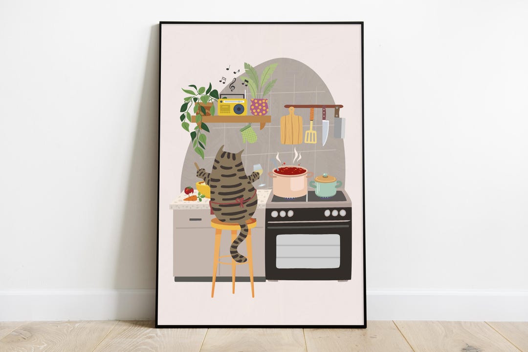 Cute Tabby Cat Chef Cooking, Funny Cat Print, Kitchen Decor Wall Art ...