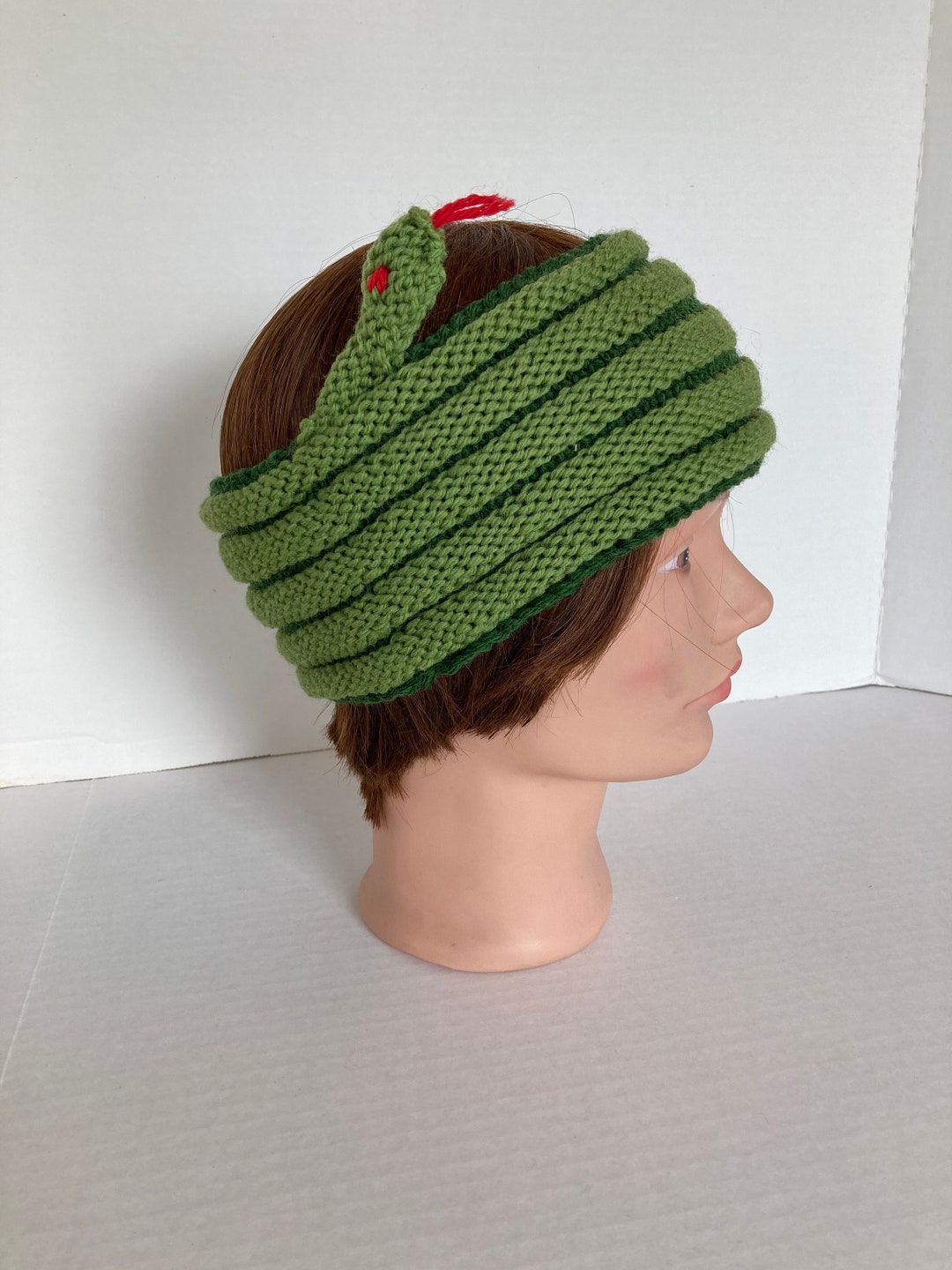 Green Snake Headband / Green With Dark Green Trim Knit Hat / Snake Cowl ...
