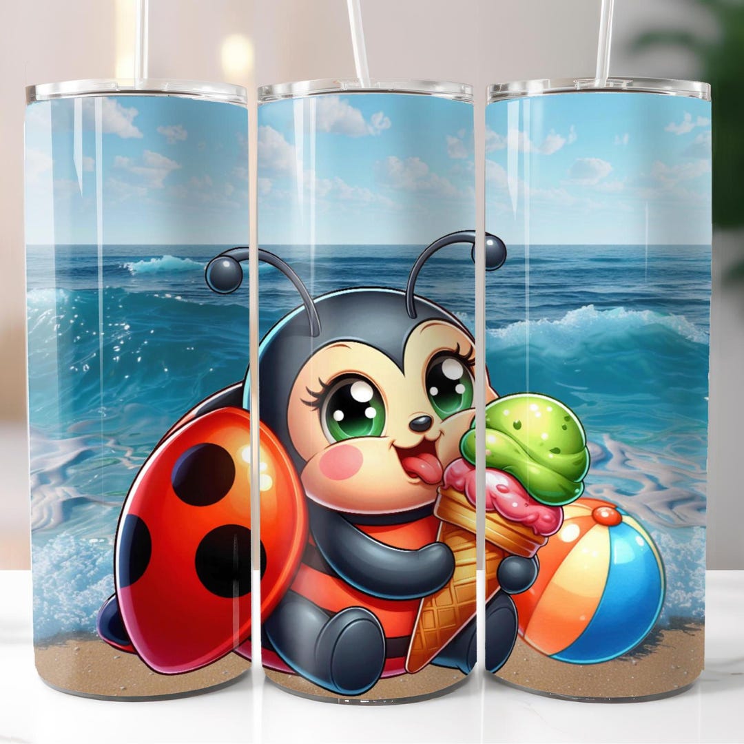 Beach Ladybug 20oz Tumbler Wrap, Straight Skinny Tumbler Wrap PNG, PNG ...