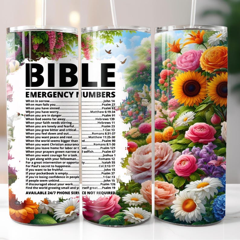 Bible Emergency Numbers With Flowers 20oz Tumbler Wrap, Christian ...