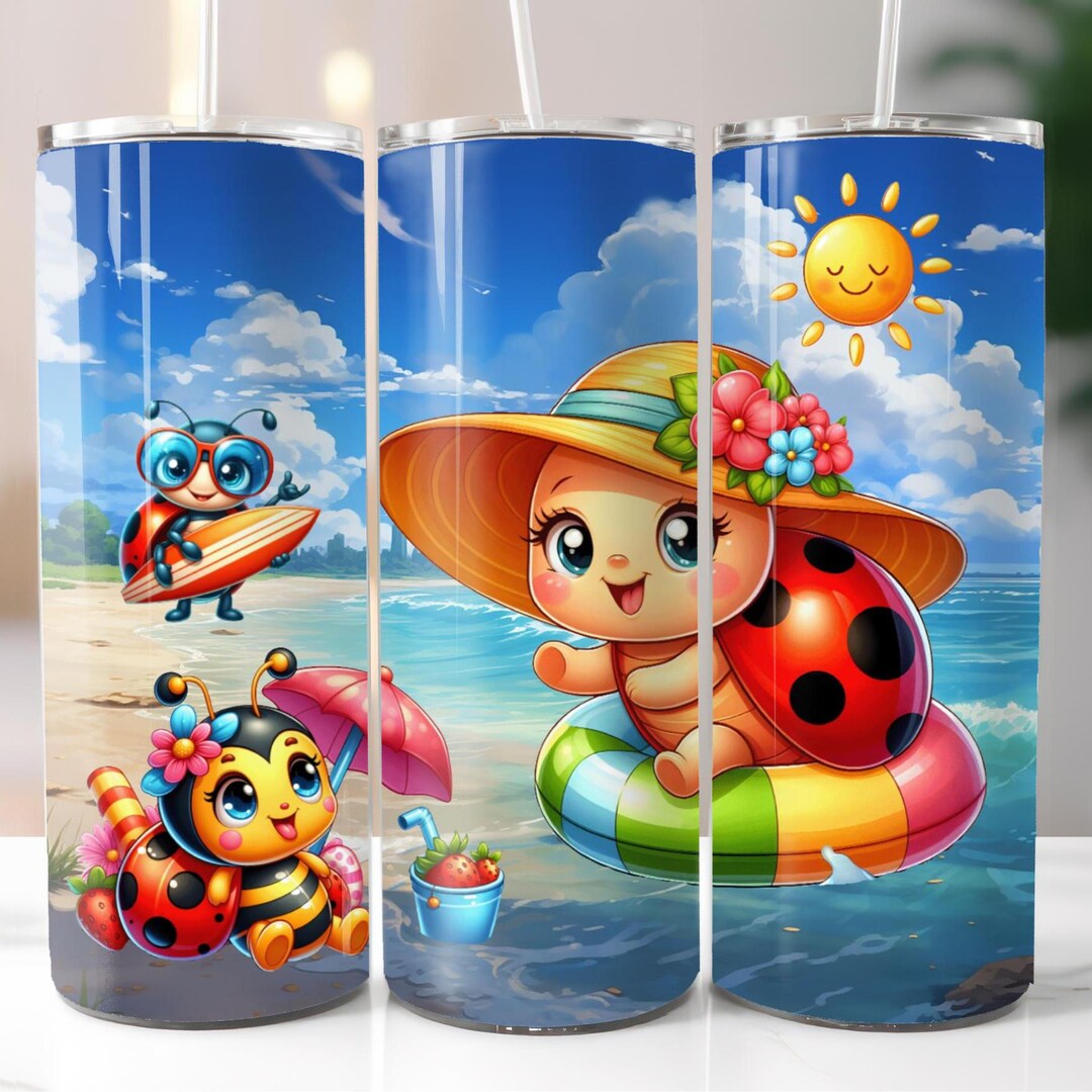 Beach Ladybug 20oz Tumbler Wrap, Straight Skinny Tumbler Wrap PNG, PNG ...