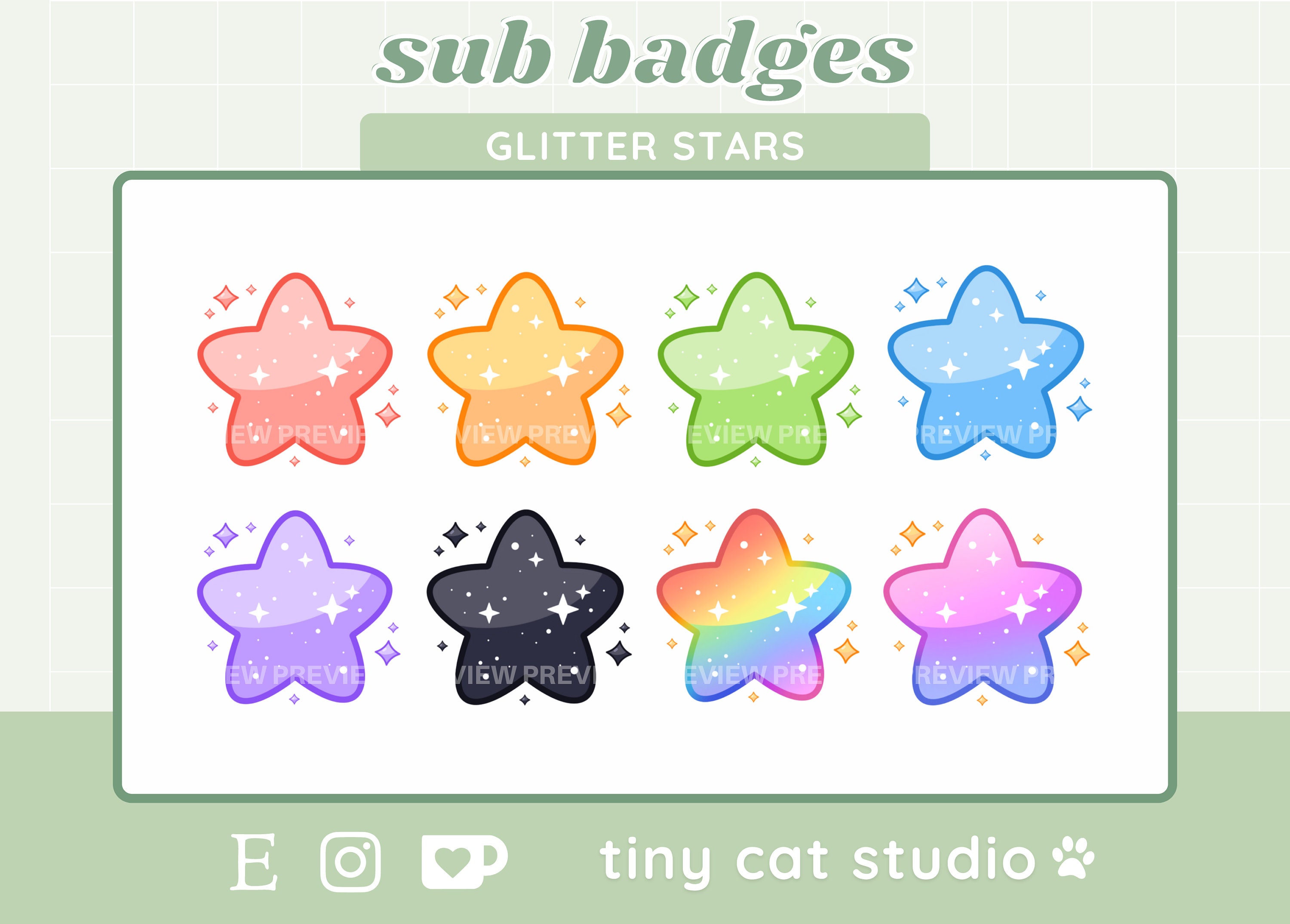 Rainbow Glitter Star Sub Badges for Twitch and Discord | 8 Tiers | Cute ...