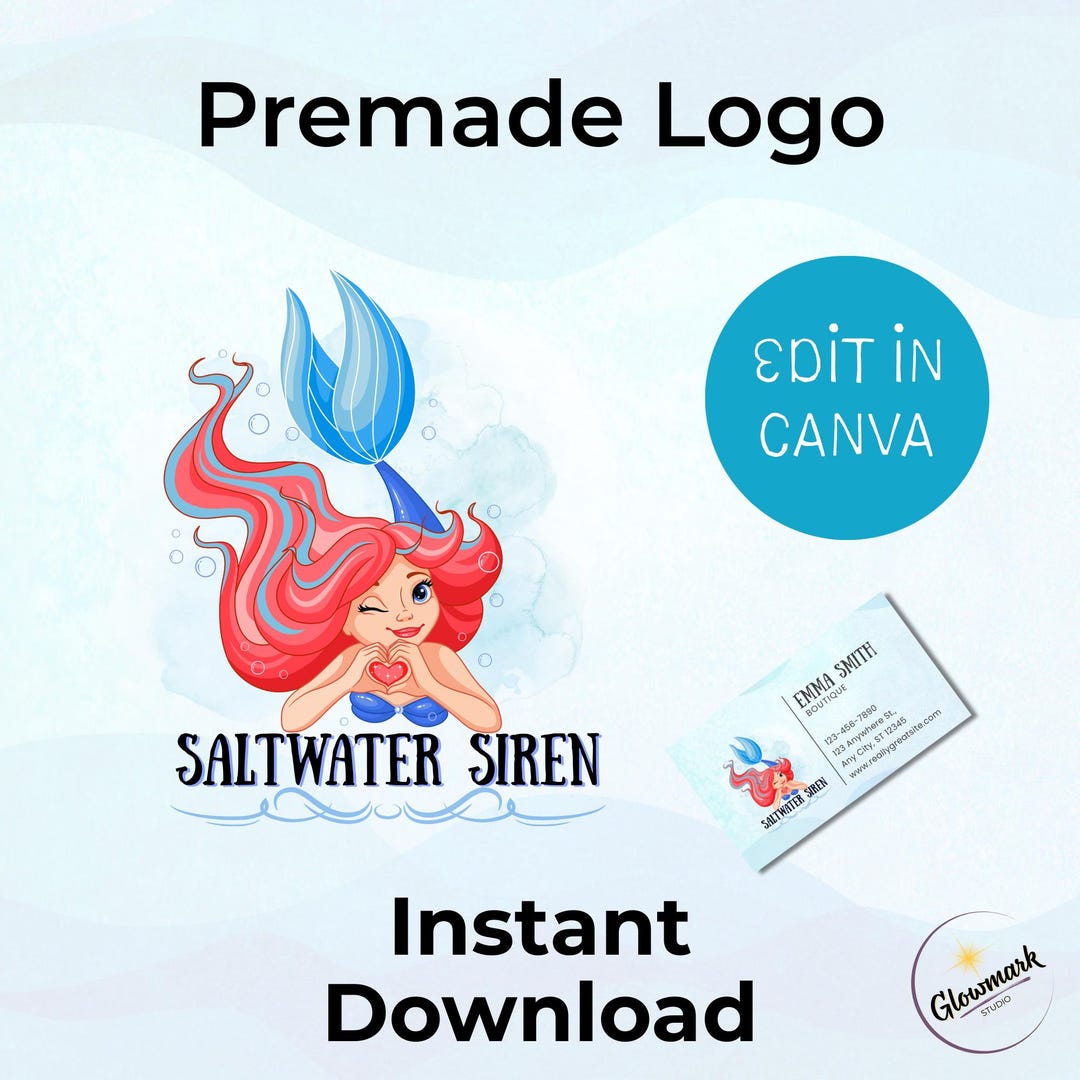 Little Mermaid Style Logo Design, DIY Premade Editable Canva Template ...