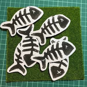 Linocut Fish Skeleton Sticker - Etsy