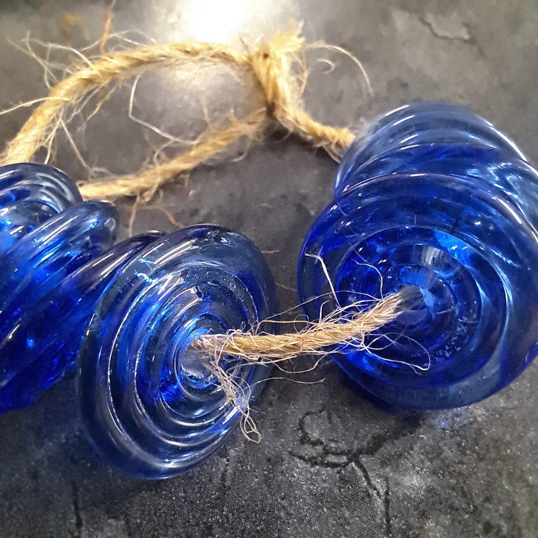 Dark Blue Glass Discs, Handmade Lampwork Glass Beads Set of 8, Glass ...