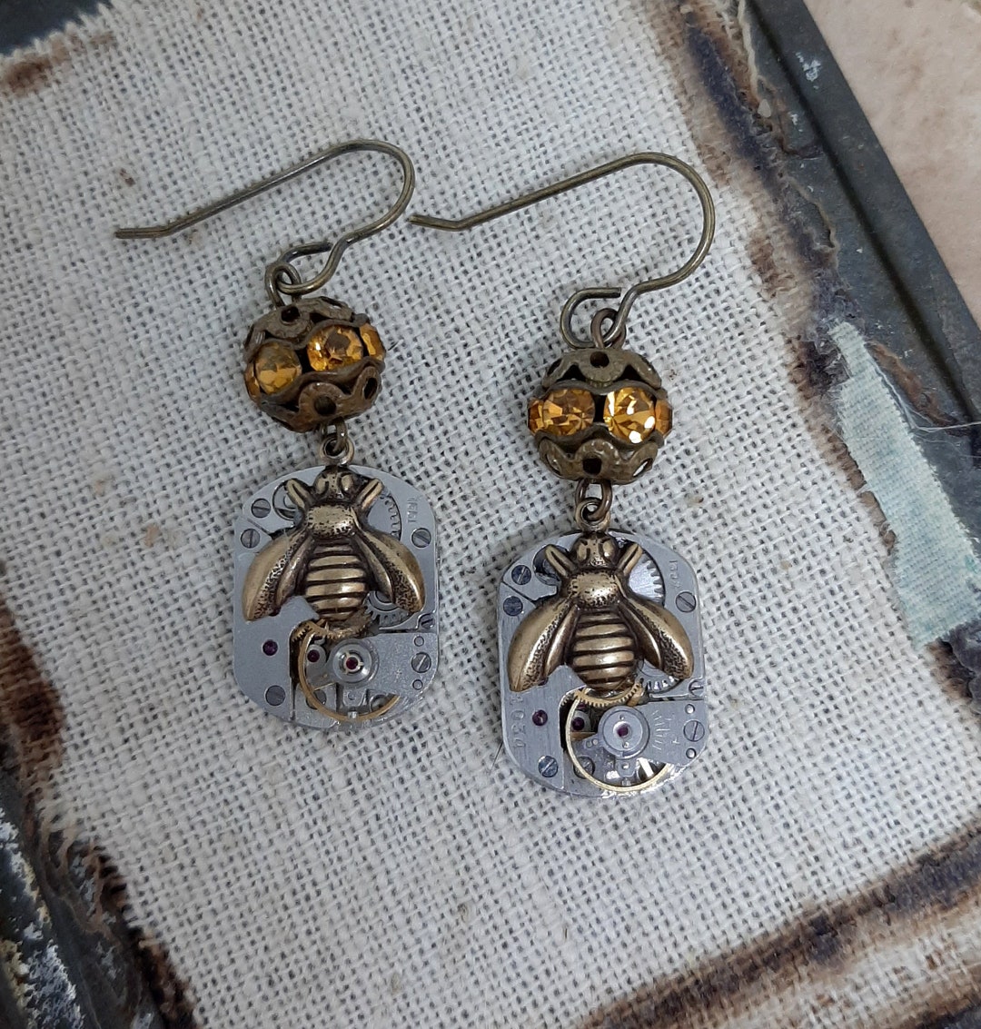 Bee on Time - Vintage Watch Movements Brass Honey Bees Amber Rhinestones Beads Recycled ...