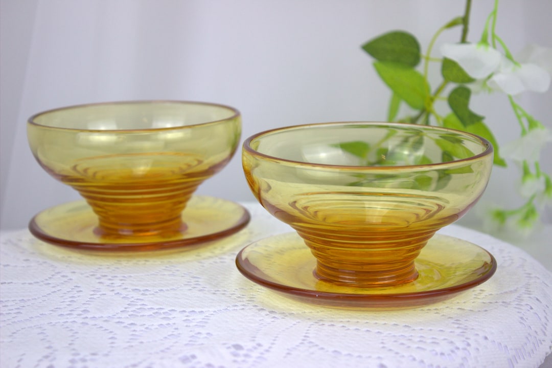 4 X 1930's Art Deco Stuart Crystal Amber Stratford Rings Dessert Bowls ...