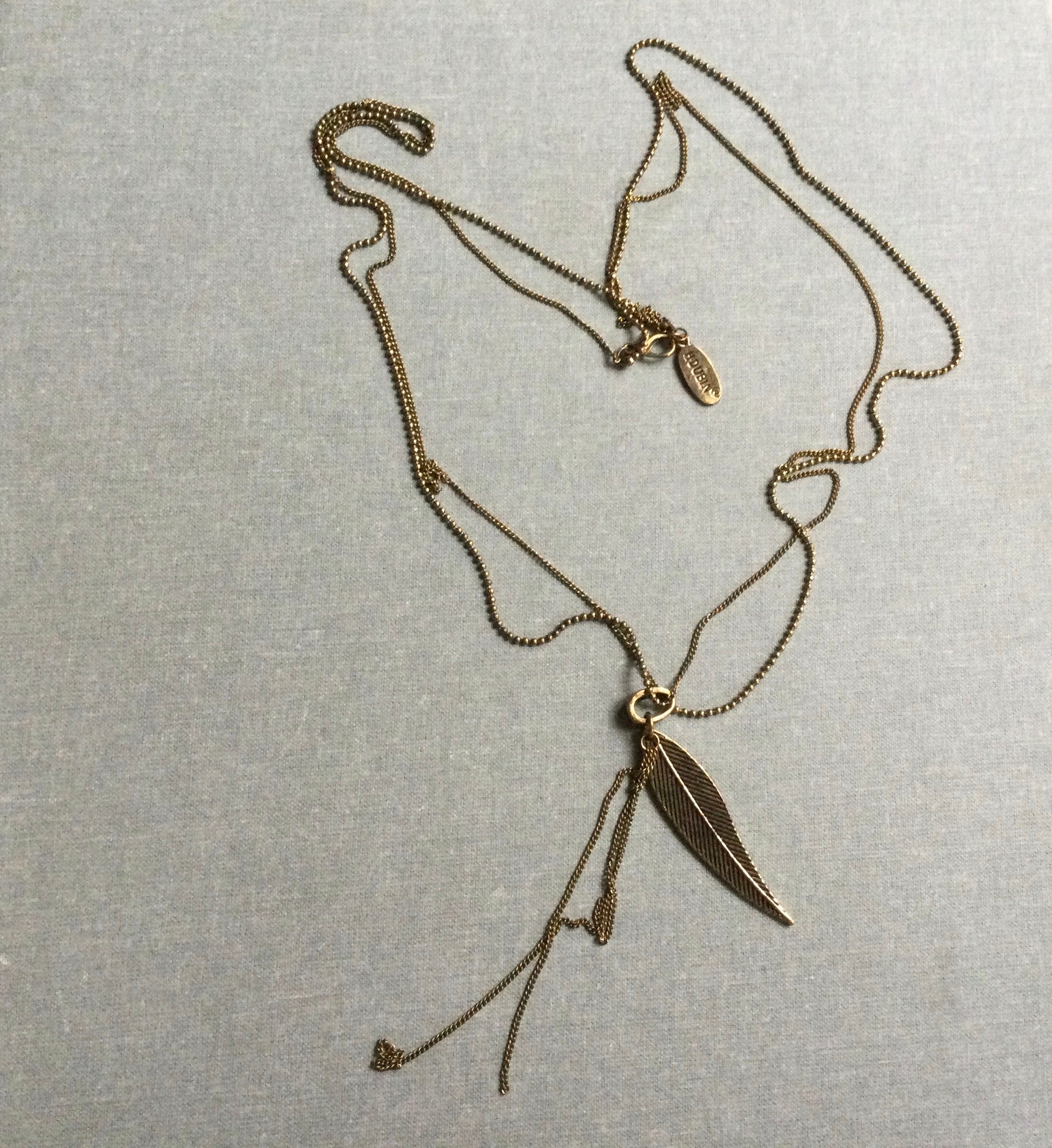 H DUBIN Vintage Long Brass Double Different Chains Necklace Feather and ...