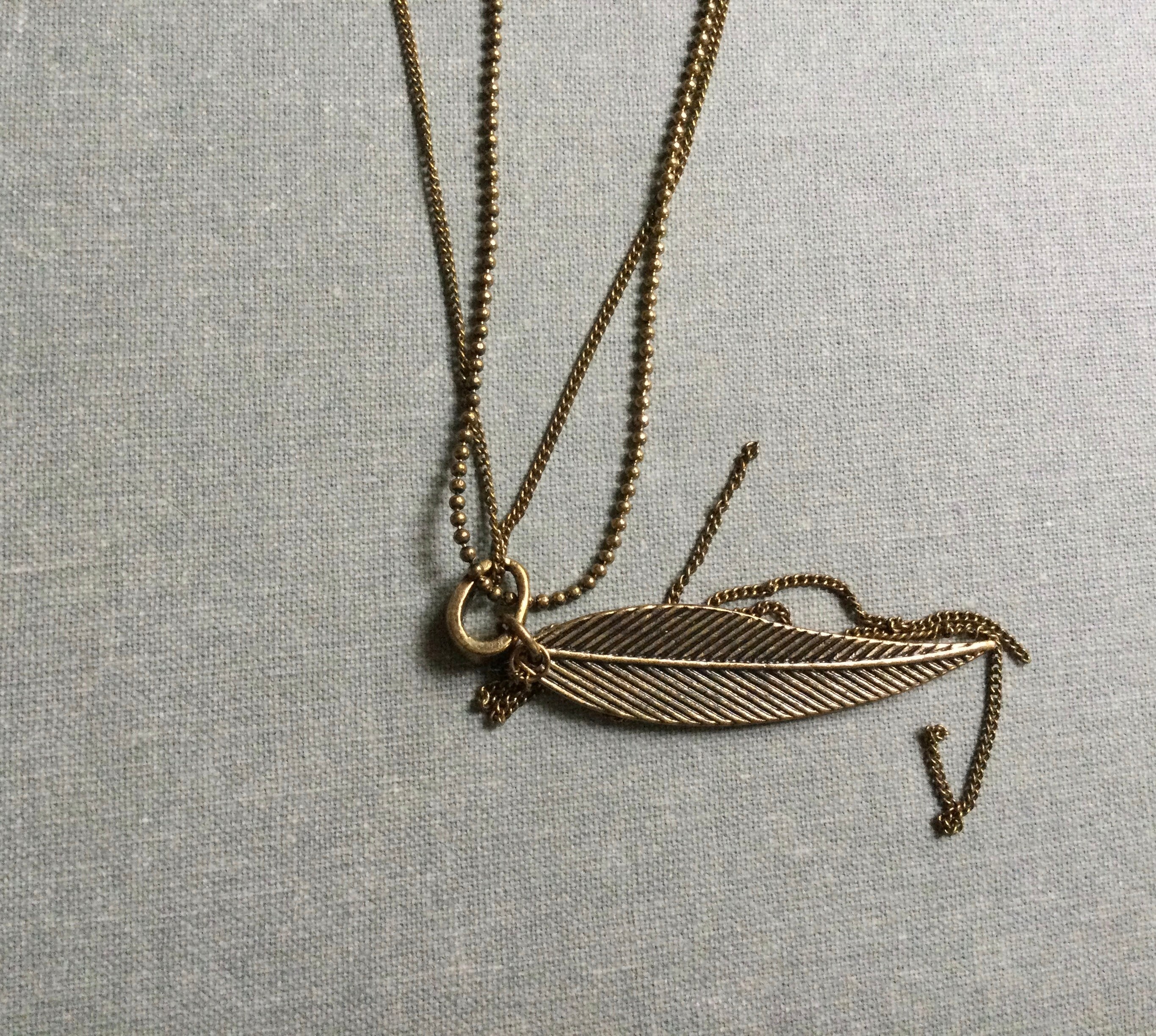 H DUBIN Vintage Long Brass Double Different Chains Necklace Feather and ...