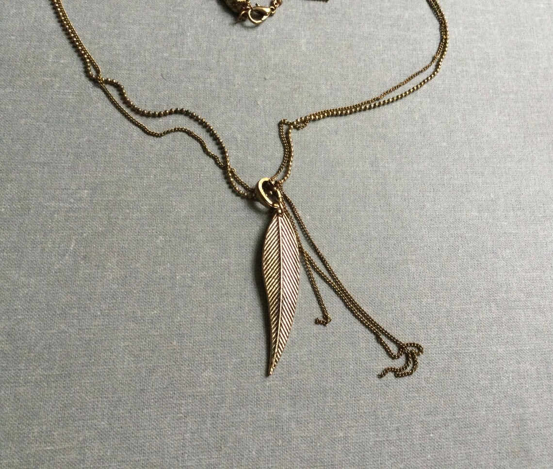 H DUBIN Vintage Long Brass Double Different Chains Necklace Feather and ...