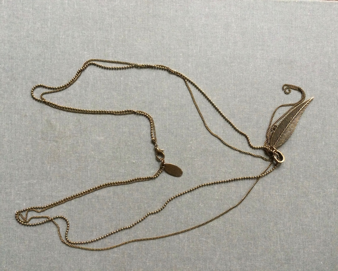 H DUBIN Vintage Long Brass Double Different Chains Necklace Feather and ...