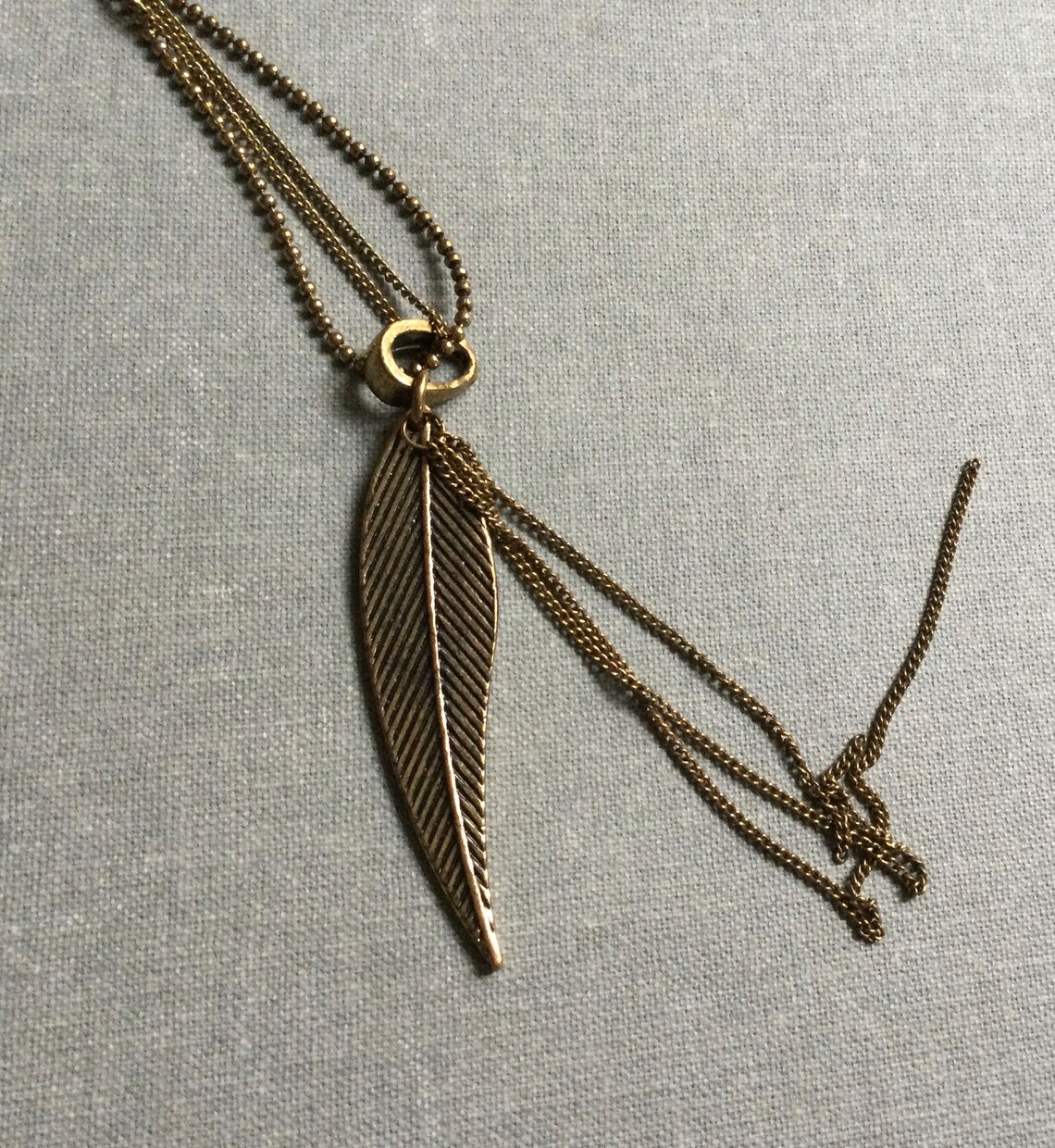 H DUBIN Vintage Long Brass Double Different Chains Necklace Feather and ...