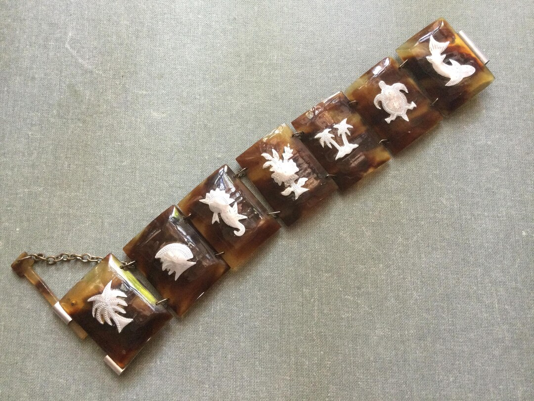 Vintage Faux Tortoise Shell Pique Silver Panels Inlay Link Bracelet 7.5 ...
