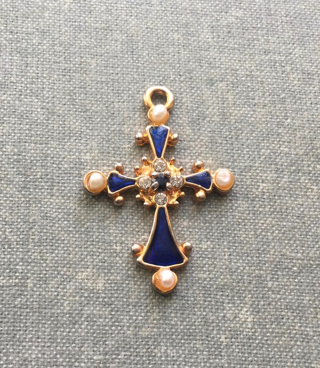 French Blue Enamel & Seed Pearls Cross Pendant Gold Tone Metal Vintage ...