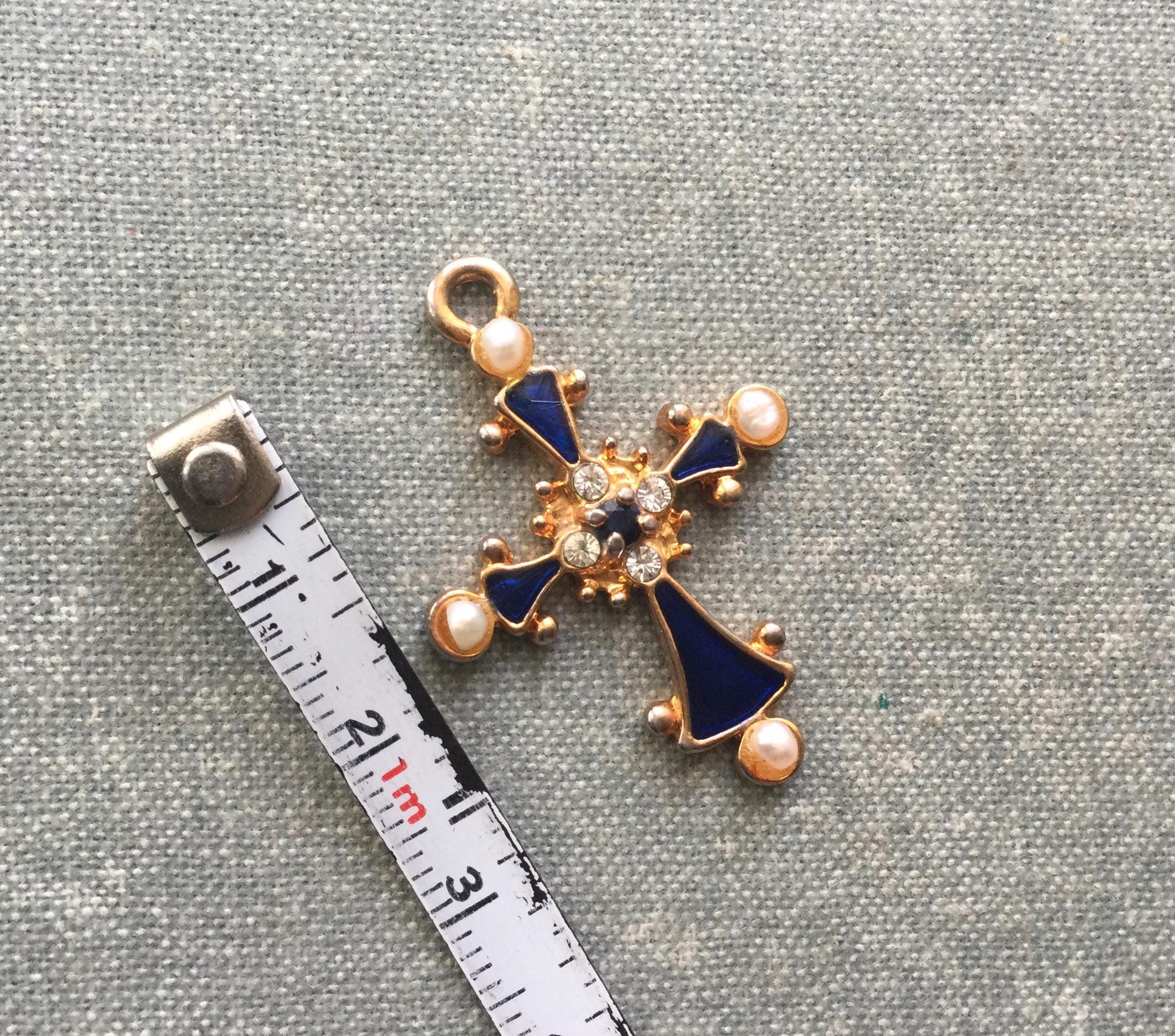 French Blue Enamel & Seed Pearls Cross Pendant Gold Tone Metal Vintage ...