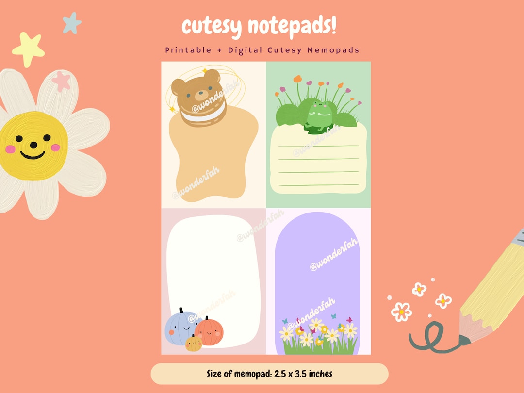 CUTESY Printable Memo Pads, Cute Printable Notepad, Kawaii Digital Memo ...