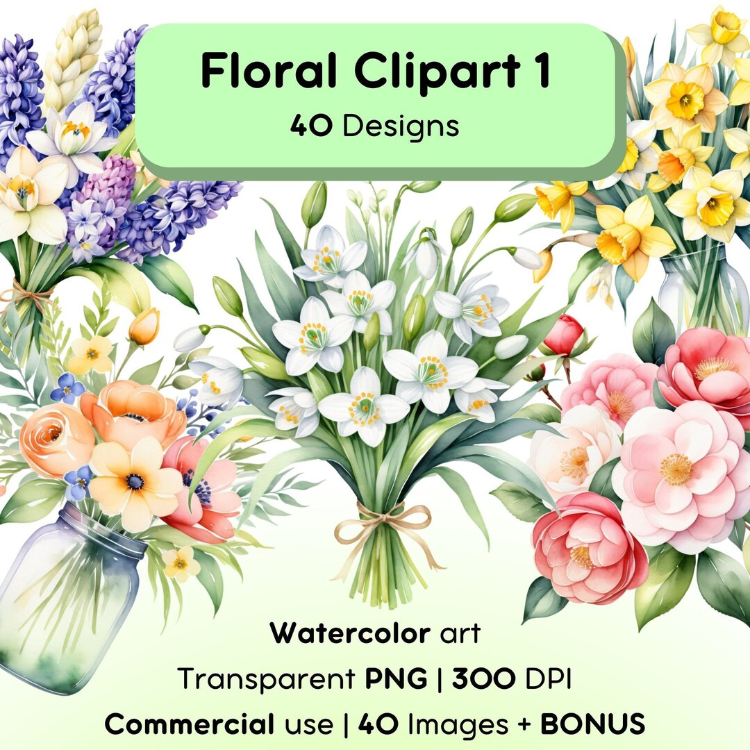 Set of 40 Watercolor Spring Flower Clipart, Flower Bouquet, Transparent ...
