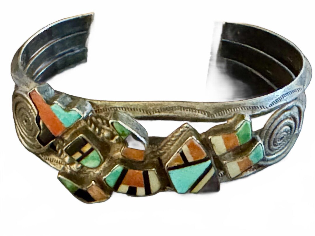 Gorgeous! Vintage Zuni Inlay Rainbow Man Cuff With Sterling Silver ...