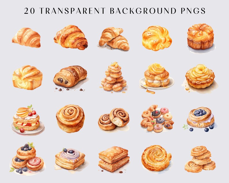 French Pastries Watercolor Clipart Bundle 20 PNG Gourmet Pastry Images ...