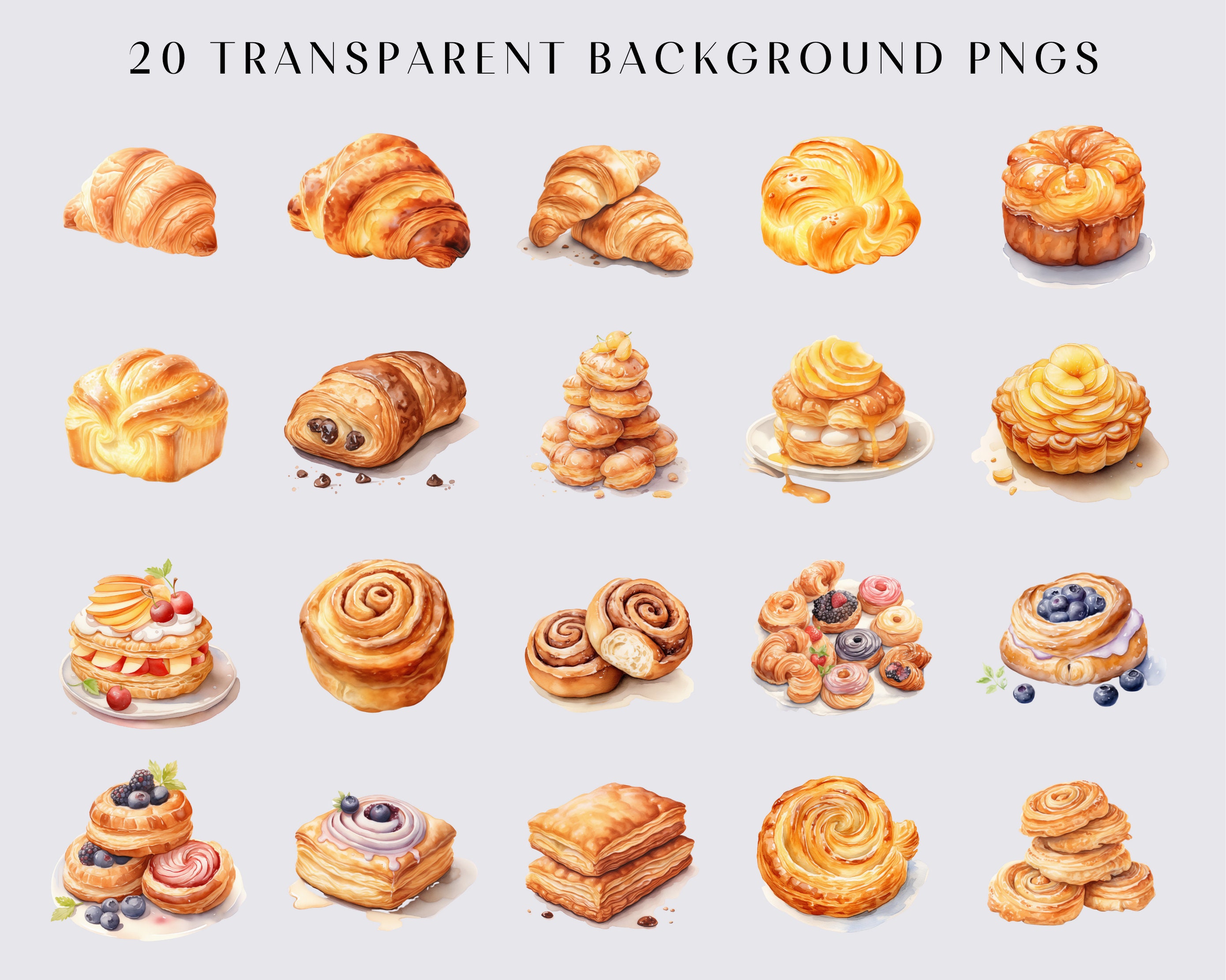 French Pastries Watercolor Clipart Bundle 20 PNG Gourmet Pastry Images ...