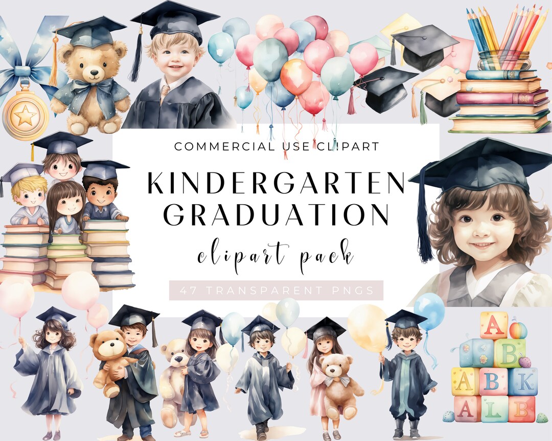 Watercolor Kindergarten Graduation Clipart Bundle, 47 PNG Graduation ...