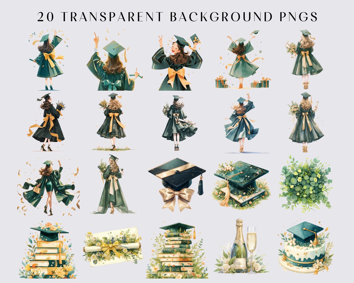 Watercolor Graduation Clipart, Girl Graduation Bundle, 20 PNG ...