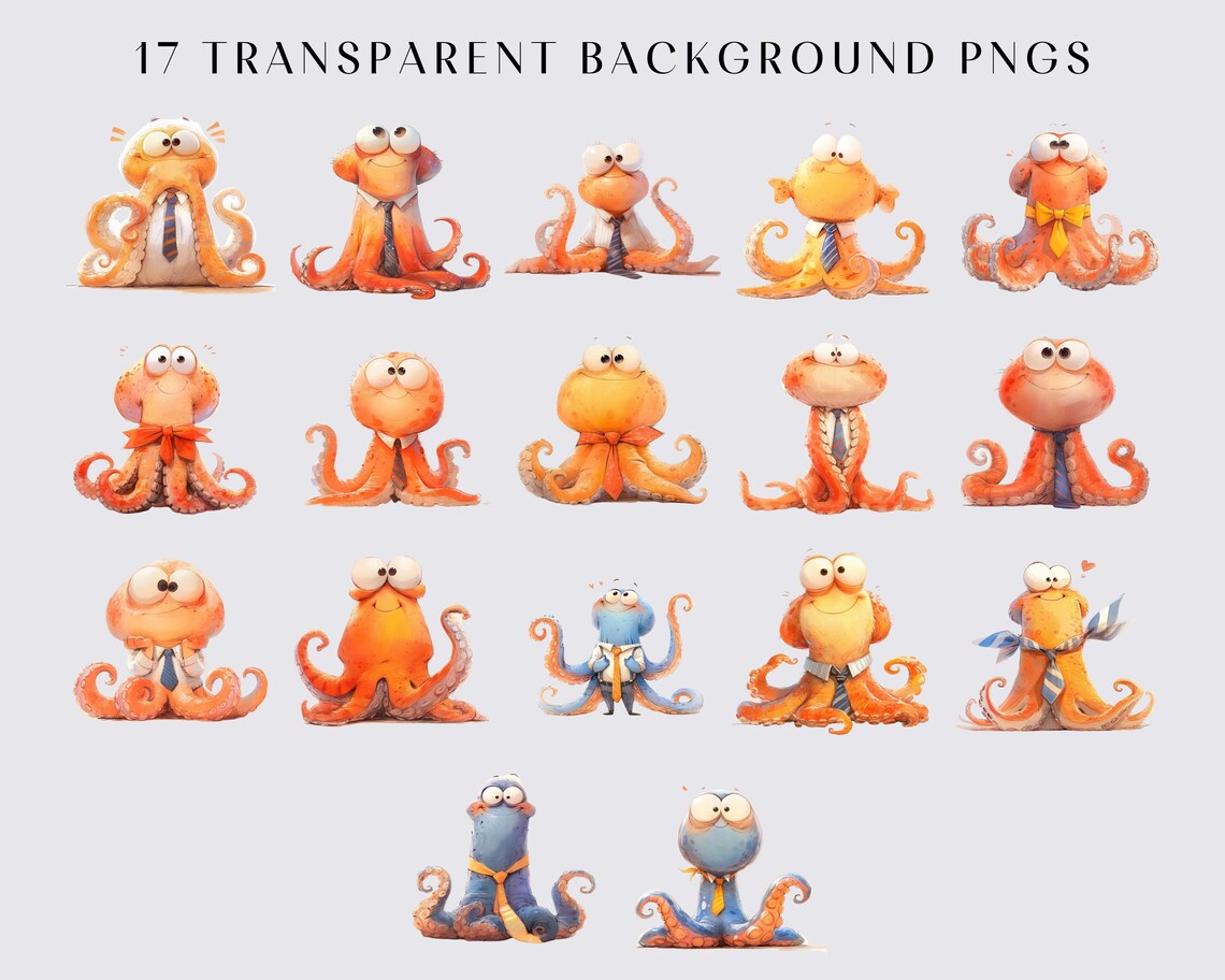 17 Quirky Octopus Clipart Bundle, Watercolor Octopus, Funny Octopus ...