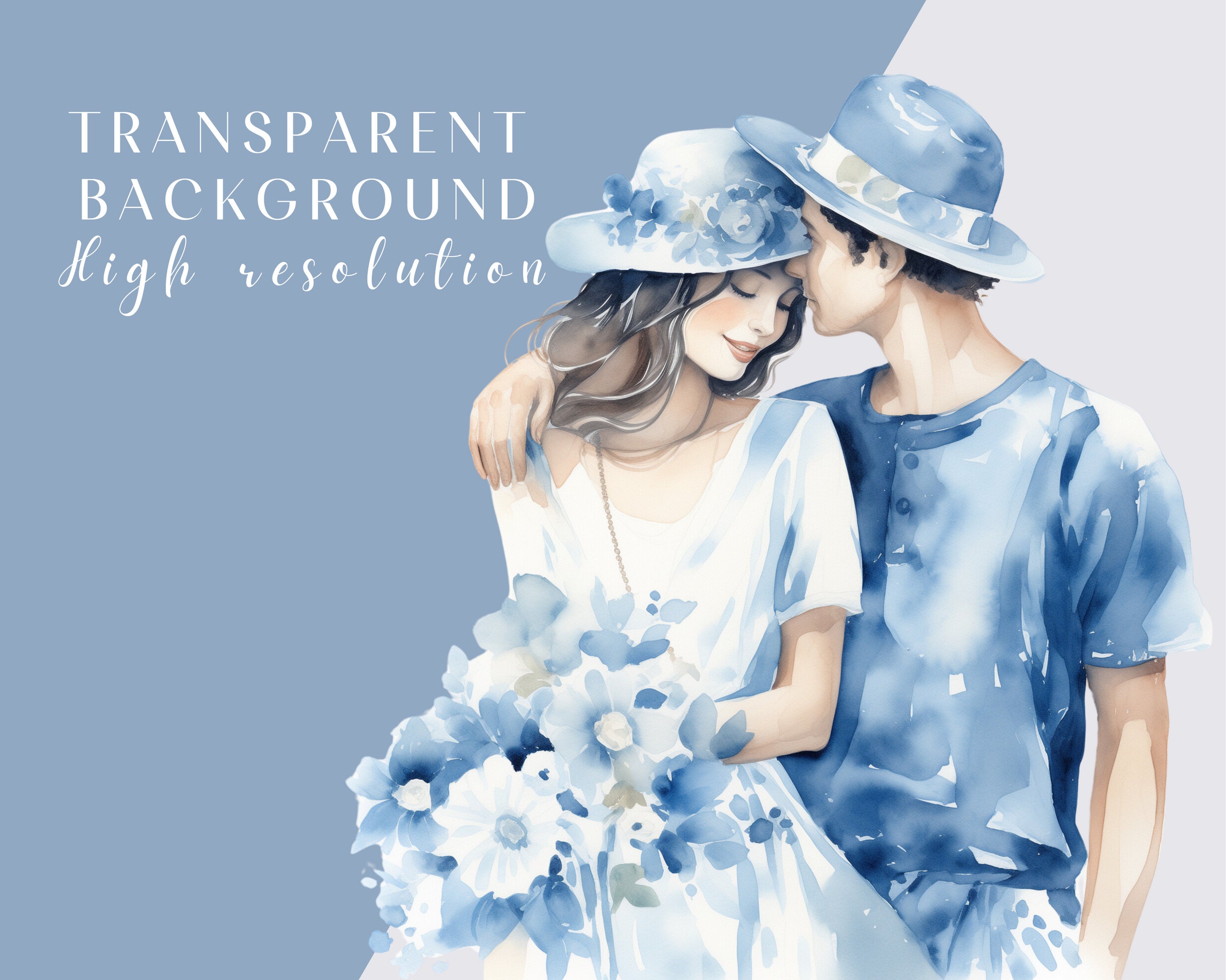 Blue Lover Clipart Bundle Watercolor, 20 Transparent PNG, Romantic ...