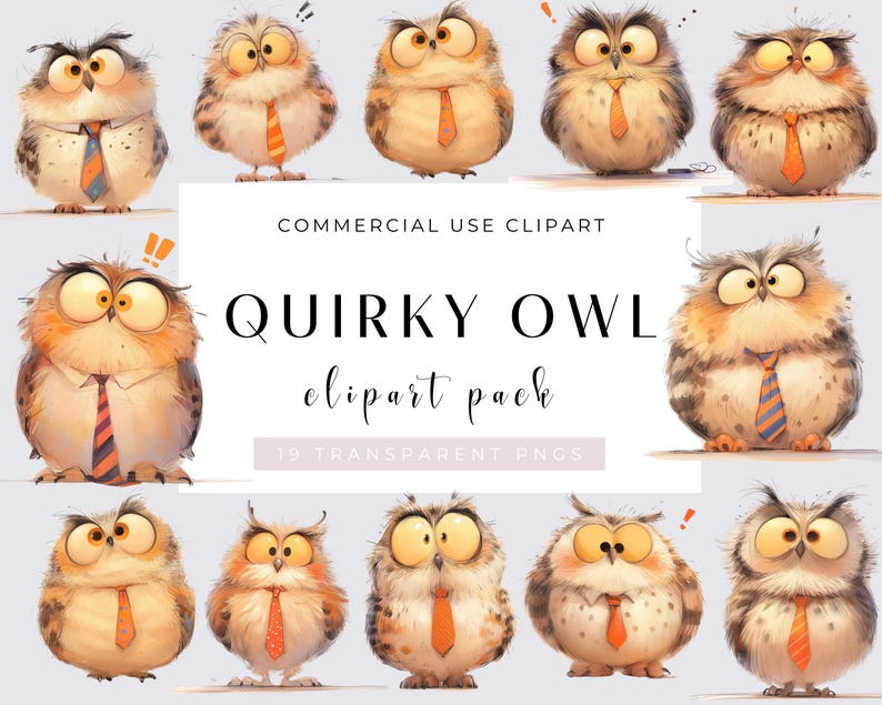 19 Quirky Owl Clipart Bundle, Watercolor Owl, Funny Owl, Funny Bird ...