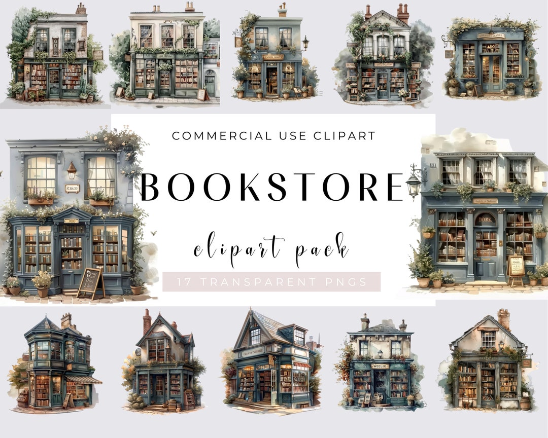 Bookstore Clipart Bundle, Book Shop, Watercolour Shop Illustration ...