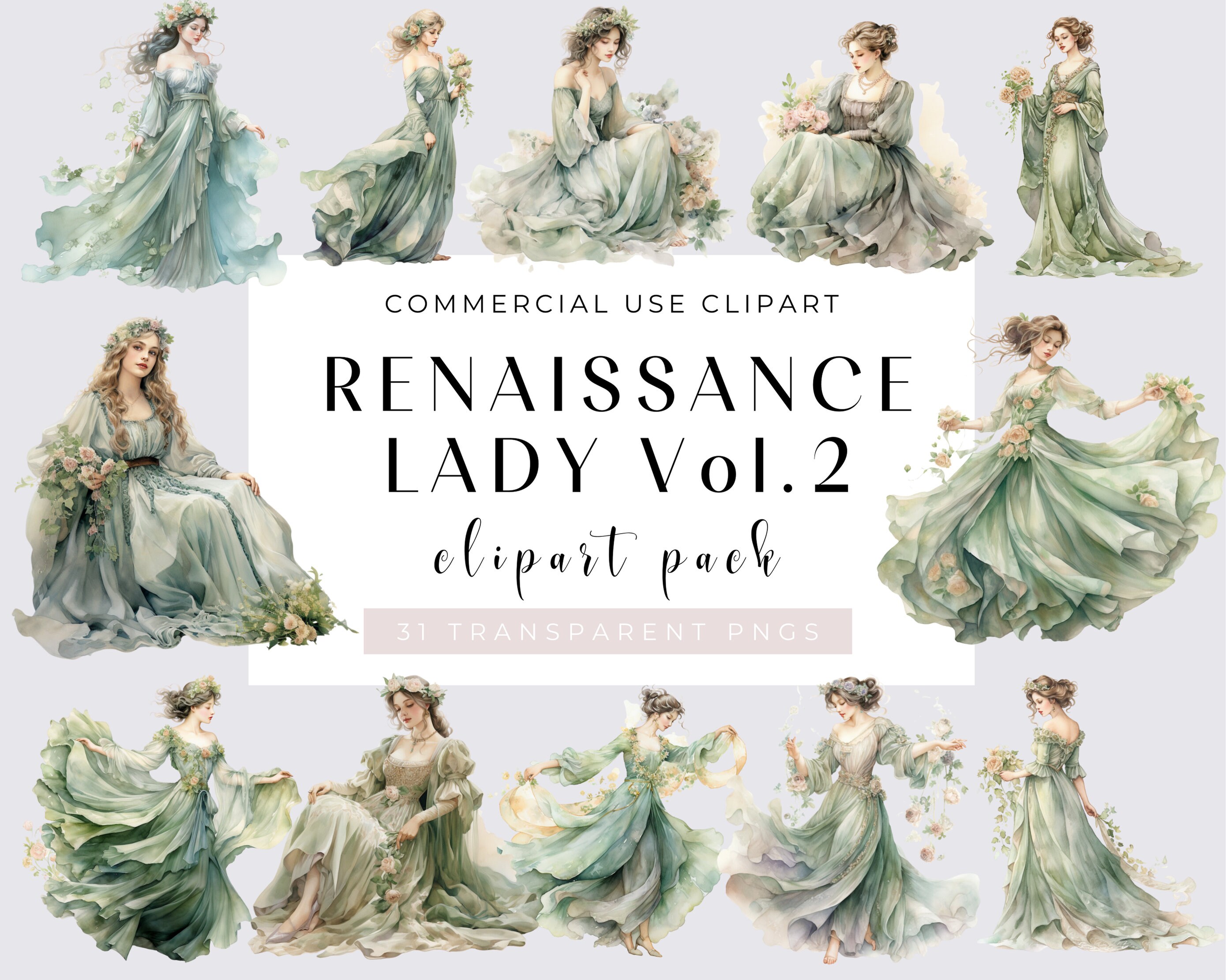 31 Renaissance Lady Vintage Watercolor Clipart, Transparent PNG ...