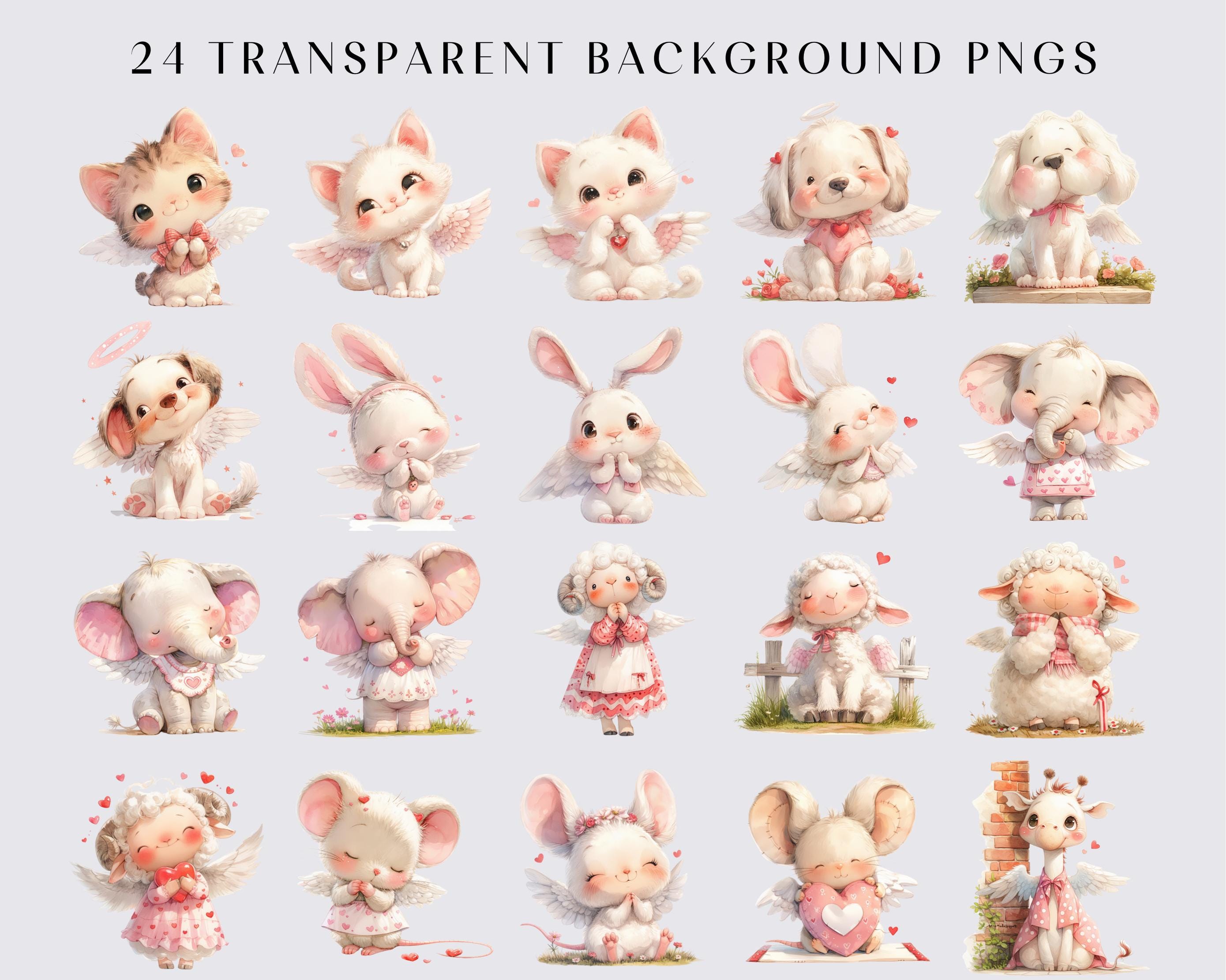 Watercolor Angel Animals Clipart, 24 PNG Animals Clipart, Cute Baby ...