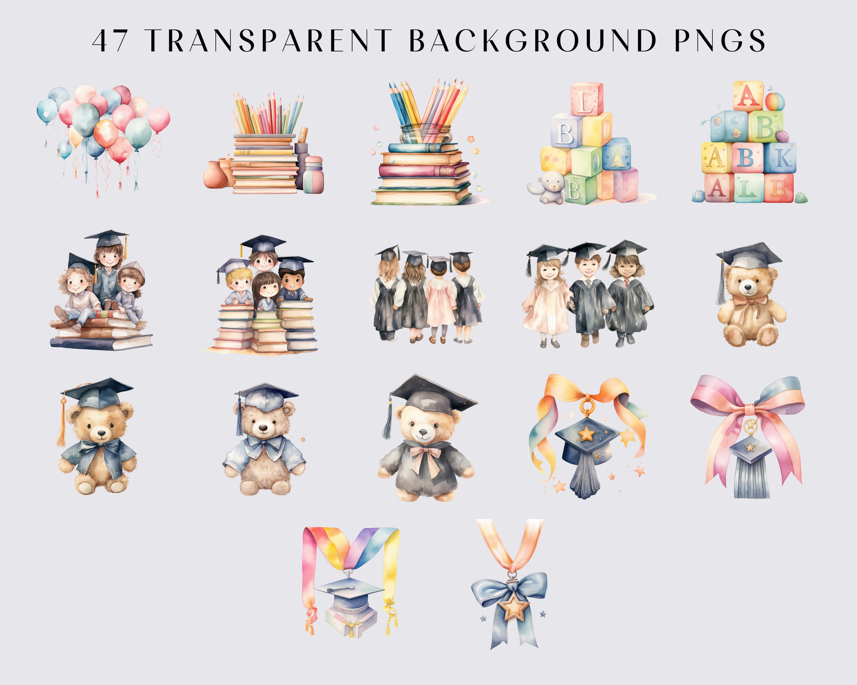 Watercolor Kindergarten Graduation Clipart Bundle, 47 PNG Graduation ...