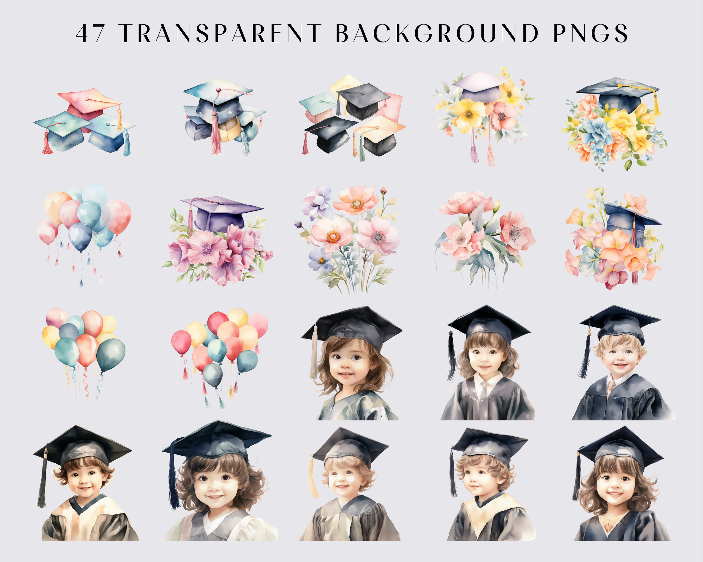 Watercolor Kindergarten Graduation Clipart Bundle, 47 PNG Graduation ...