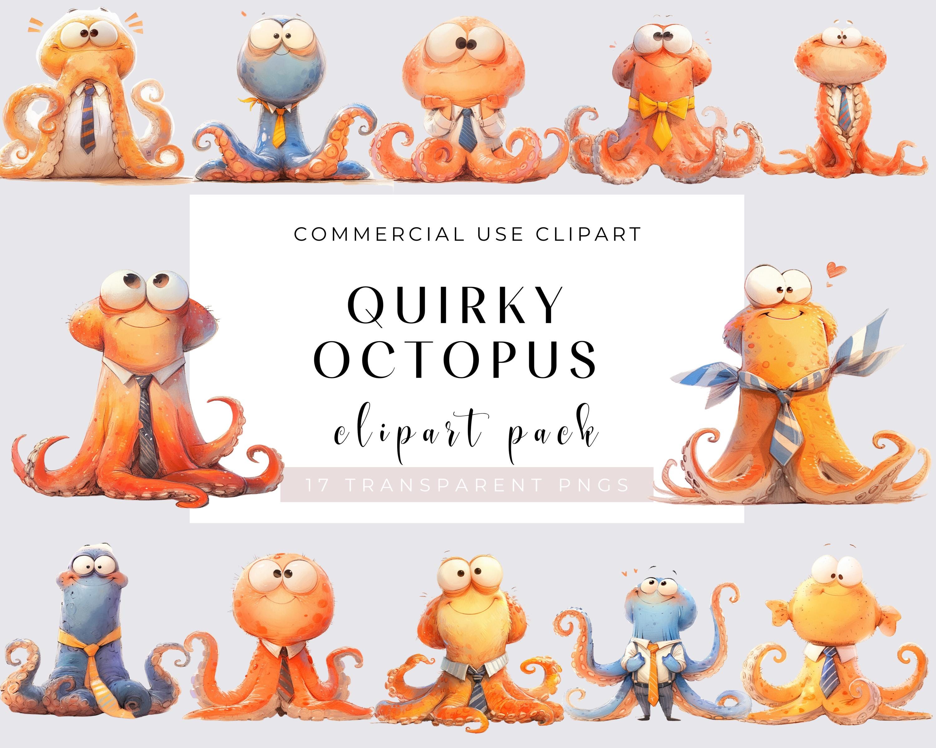 17 Quirky Octopus Clipart Bundle, Watercolor Octopus, Funny Octopus ...