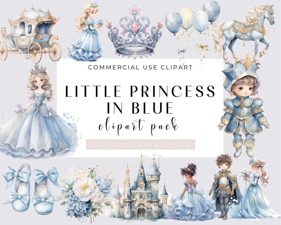 Cute Princess Clipart Bundle, Watercolor Princess PNG, Blue Princess ...