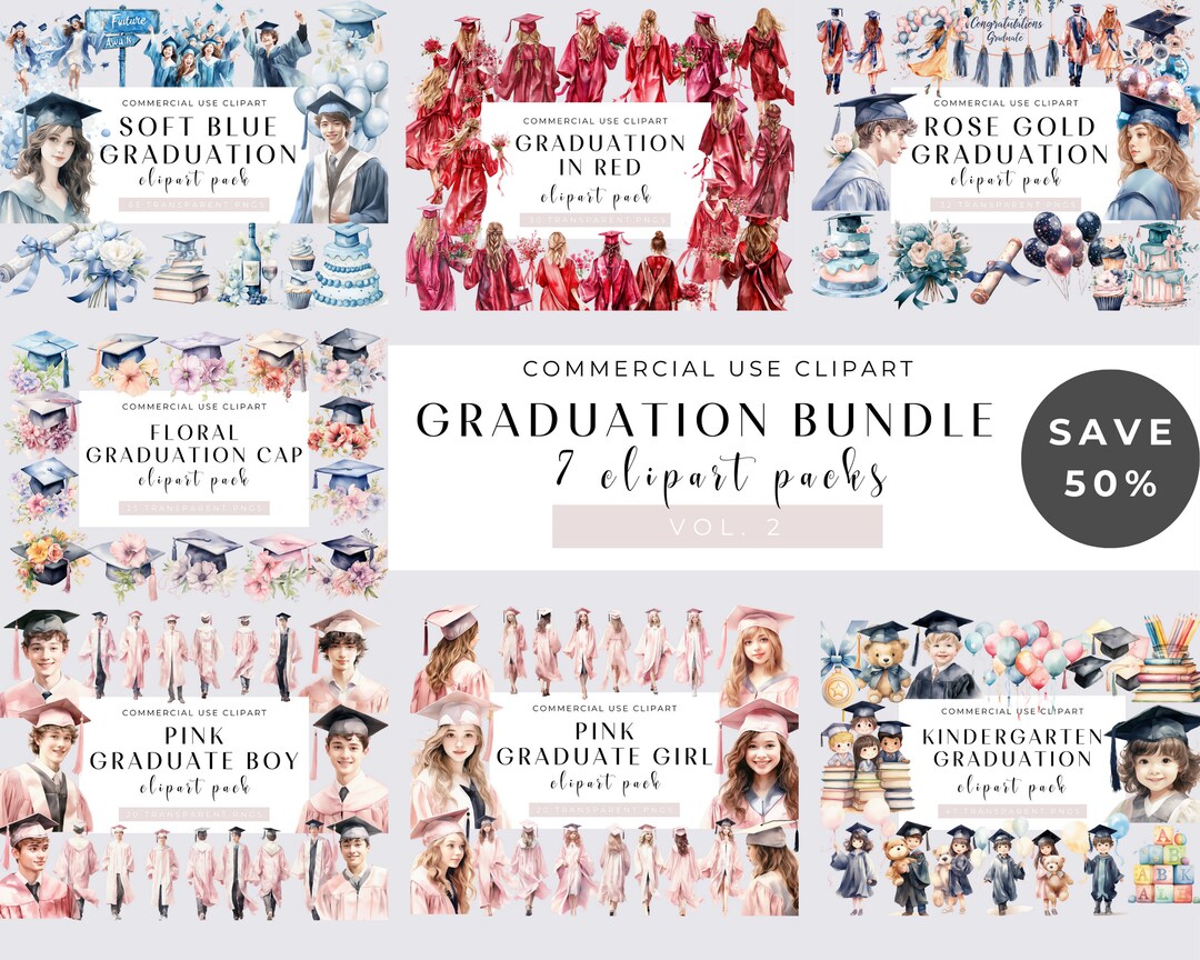 Watercolor Graduation Mega Bundle, Soft Blue, Red, Pink, Rose Gold ...
