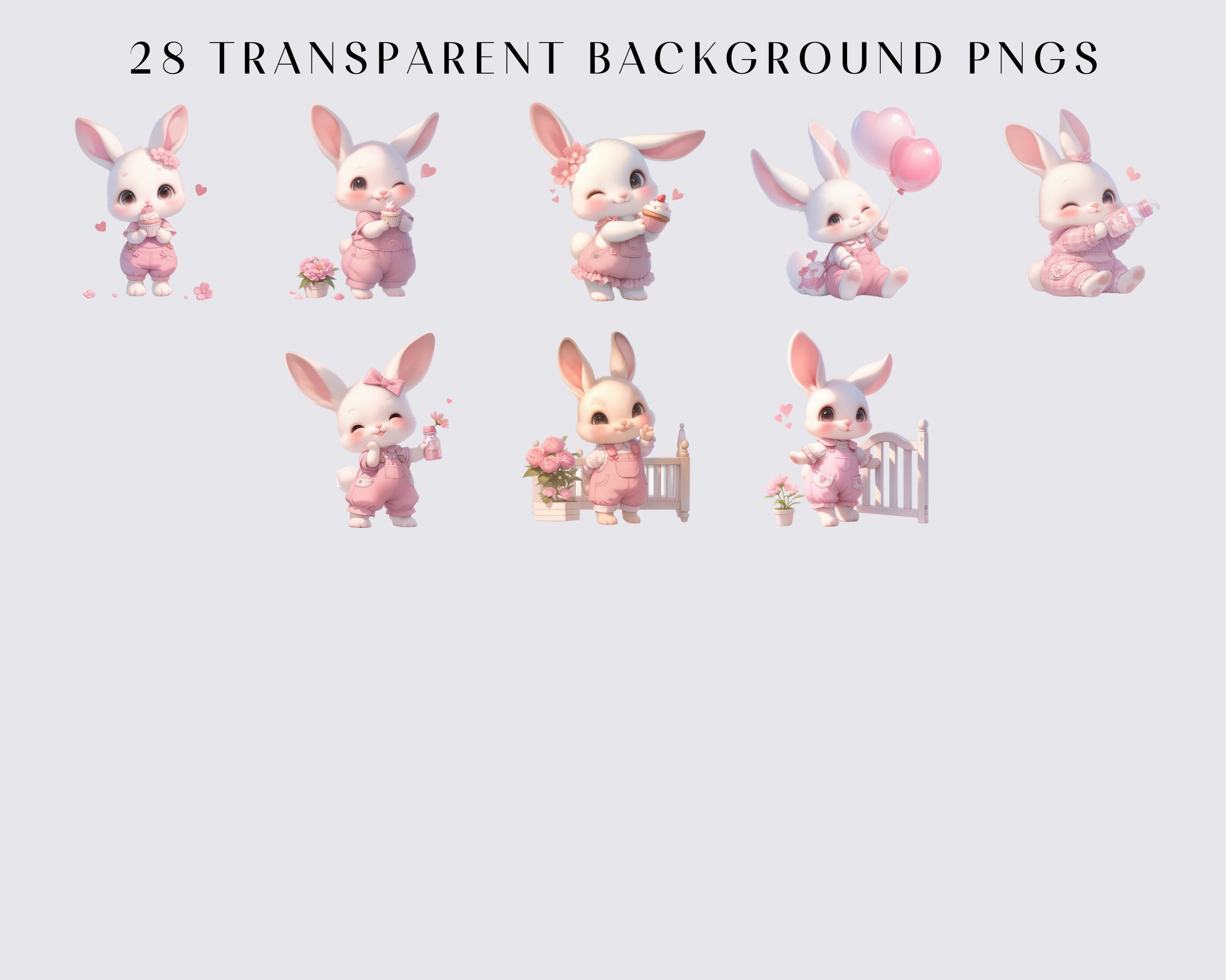 Watercolor Pink Baby Bunny Clipart Bundle, Baby Girl, 28 Transparent ...