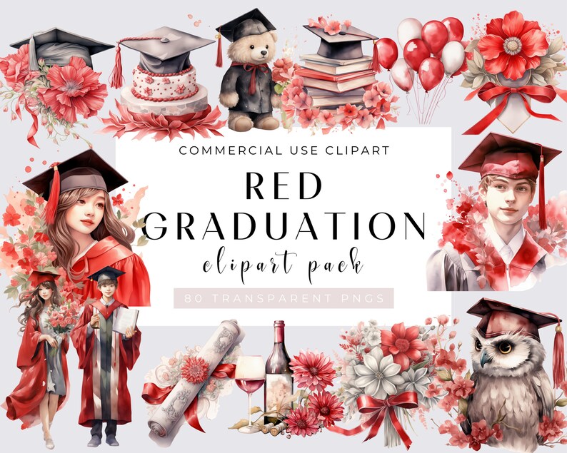 Watercolor Graduation in Red Clipart Bundle, 80 PNG Graduation Clipart ...
