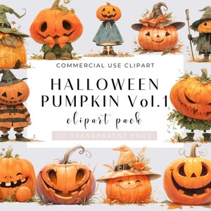 20 Halloween Pumpkin Clipart, Watercolor Clipart, Halloween PNG, Spooky ...