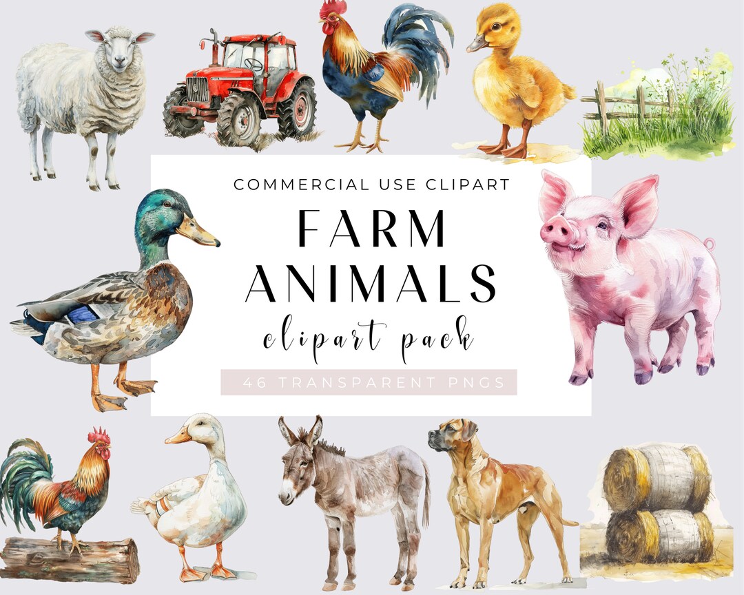 Watercolor Farm Clipart, Cute Animals Pack, for Commercial Use ...