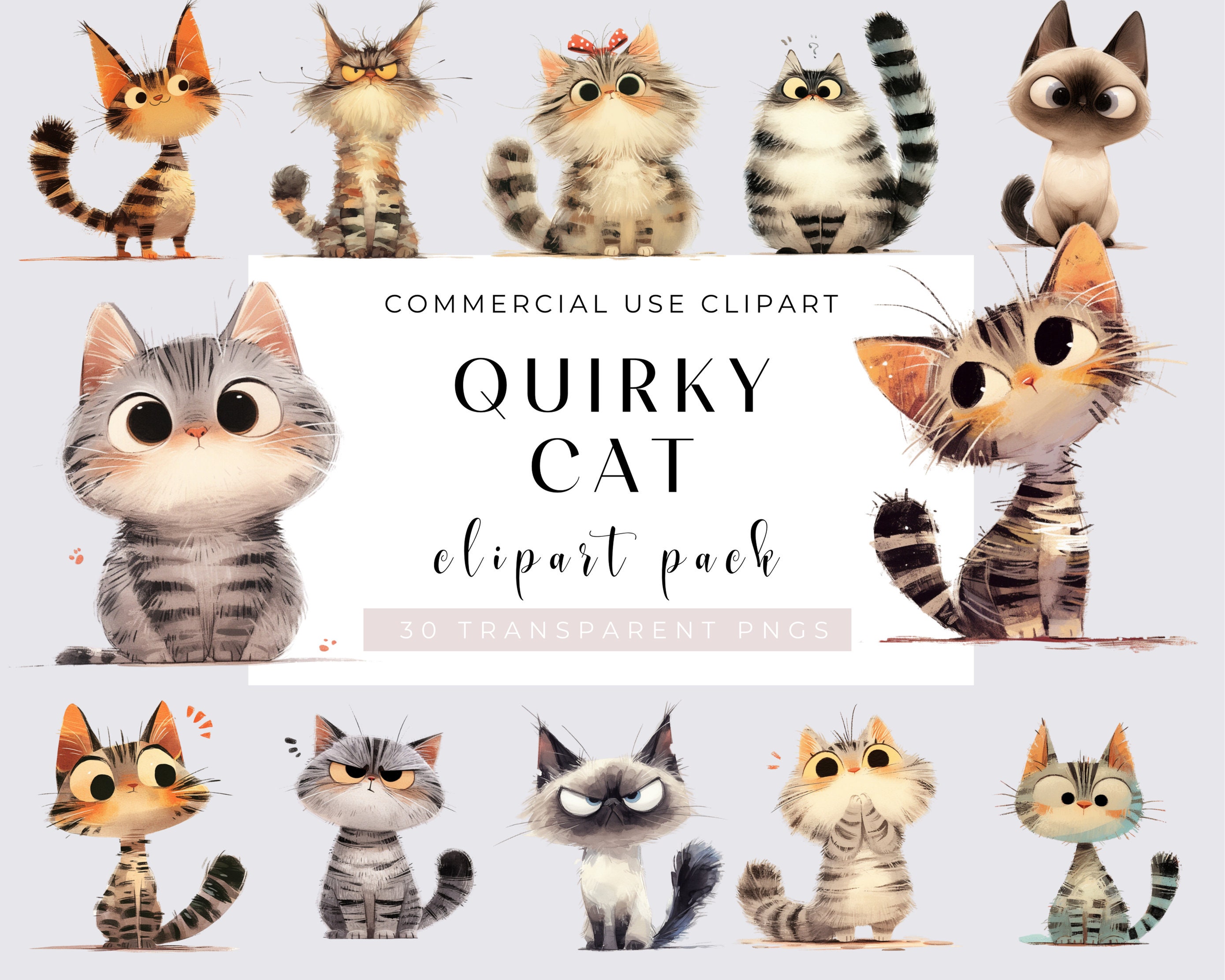 Funny and Cute Cat Clipart PNG Bundle, Watercolor Quirky Animals Clip ...