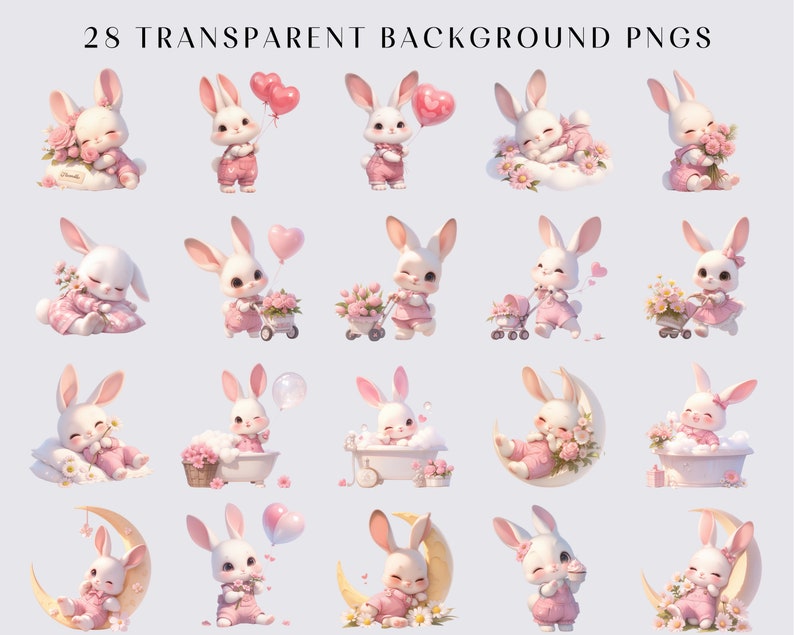 Watercolor Pink Baby Bunny Clipart Bundle, Baby Girl, 28 Transparent ...