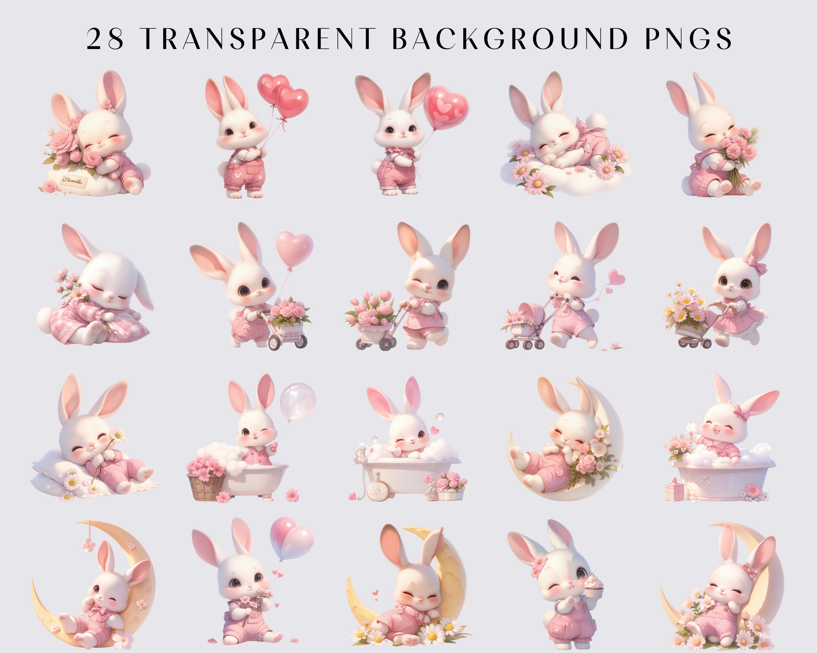 Watercolor Pink Baby Bunny Clipart Bundle, Baby Girl, 28 Transparent ...