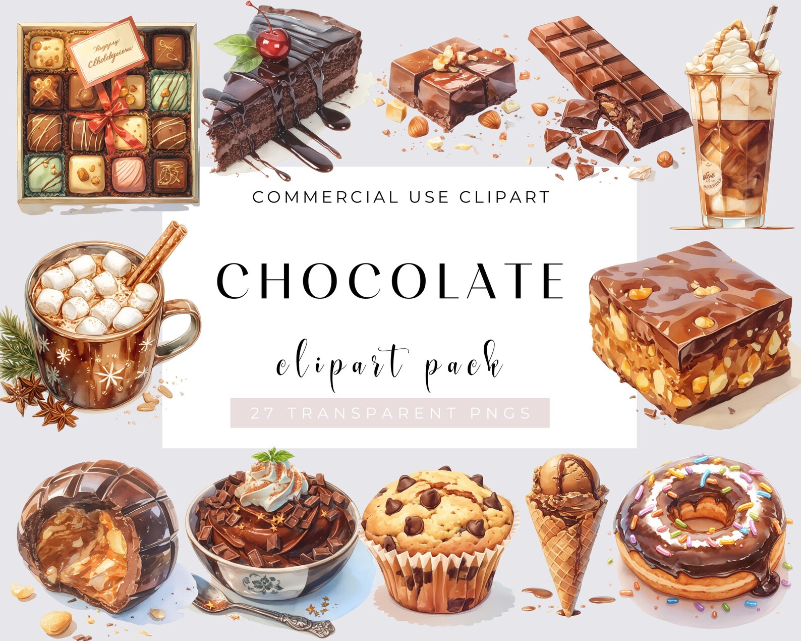 27 Watercolor Chocolate Clipart, Watercolor Rustic Chocolate Clipart ...