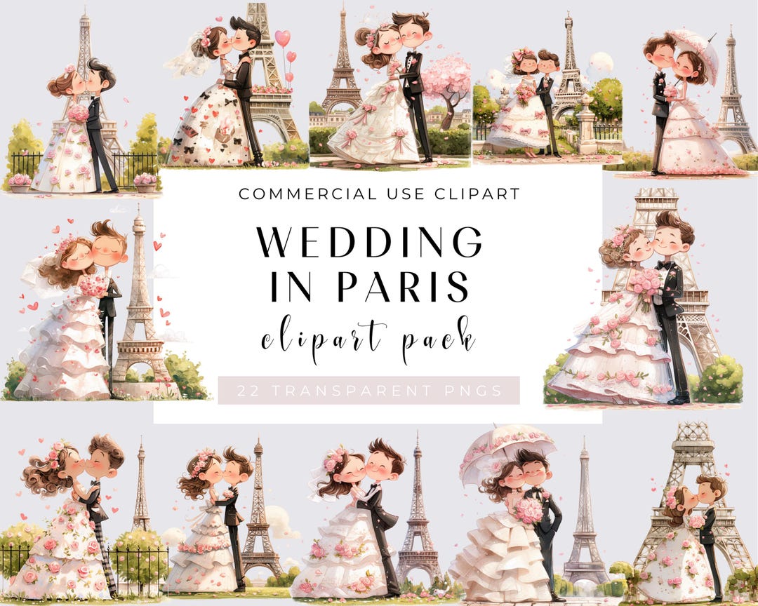 22 Wedding in Paris Clipart, Bride and Groom Clipart, Wedding Day ...