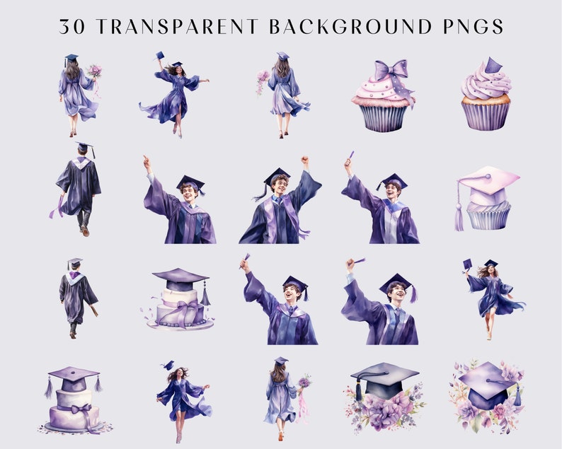 Watercolor Graduation Clipart Bundle, 30 PNG Graduation Clipart, Violet ...